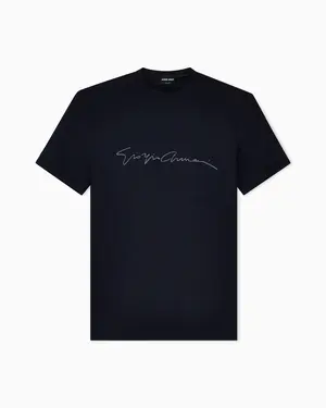 Giorgio Armani Stretch T-shirt In Viscose With Crew Neck And Logo Navy Blue