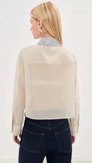 LE BOP Organza Cropped Buttondown With Embellished Collar - Ivory