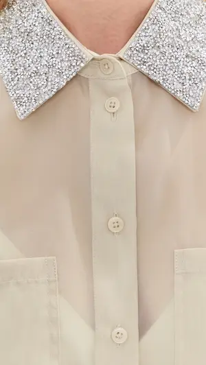 LE BOP Organza Cropped Buttondown With Embellished Collar - Ivory