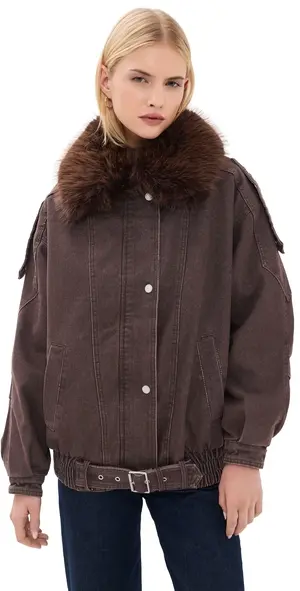Avec Les Filles Combo Collar Belted Hem Bomber - Brown