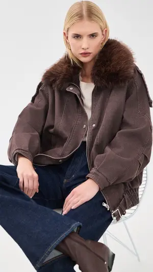 Avec Les Filles Combo Collar Belted Hem Bomber