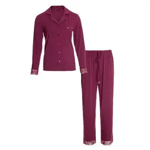 PRETTY YOU Bamboo Lace Pyjama Set In Bordeaux - Red