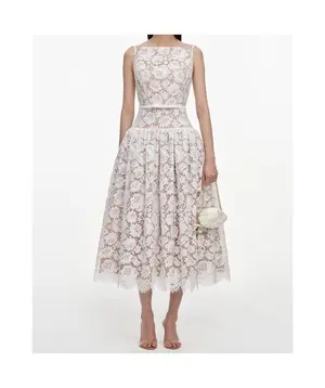 SELF-PORTRAIT Lace-overlay Belted Midi Dress