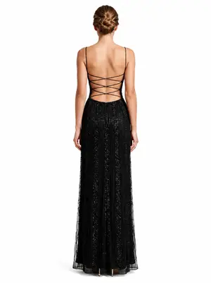 LARA NEW YORK Spaghetti Strap Beaded Gown - Black