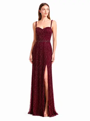 LARA NEW YORK Spaghetti Strap Beaded Gown
