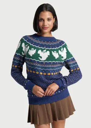 MODCLOTH Happy Hauntings Fair Isle Halloween Sweater - Blue Ghost