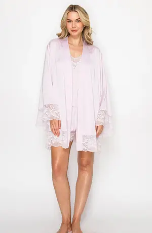 Badgley Mischka Silky Satin & Sparkle Lace Short Wrap Robe - Lilac