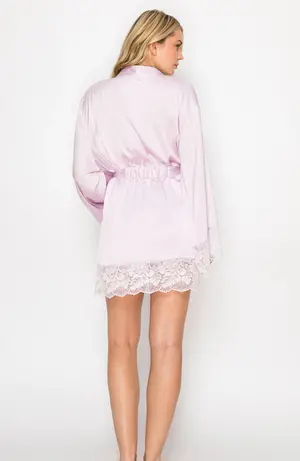 Badgley Mischka Silky Satin & Sparkle Lace Short Wrap Robe - Lilac