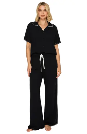 Badgley Mischka Yummy Jersey Notched Collar & Wide Leg Pants Set - Black