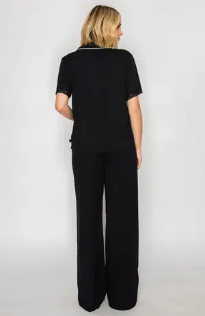 Badgley Mischka Yummy Jersey Notched Collar & Wide Leg Pants Set - Black