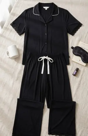 Badgley Mischka Yummy Jersey Notched Collar & Wide Leg Pants Set - Black