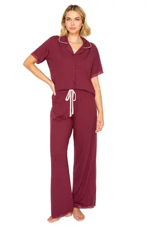 Badgley Mischka Yummy Jersey Notched Collar & Wide Leg Pants Set - Ruby