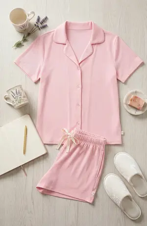 Badgley Mischka Yummy Jersey Rib Button-up & Short Pajama Set - Rose