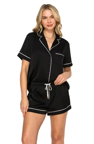 Badgley Mischka Silky Datin Piped Short Pajama Set Black