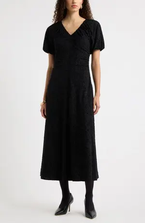 Nordstrom Ruched V-neck Textured Knit Midi Dress - Black