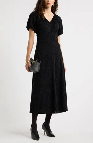Nordstrom Ruched V-neck Textured Knit Midi Dress
