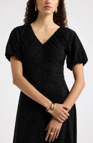 Nordstrom Ruched V-neck Textured Knit Midi Dress