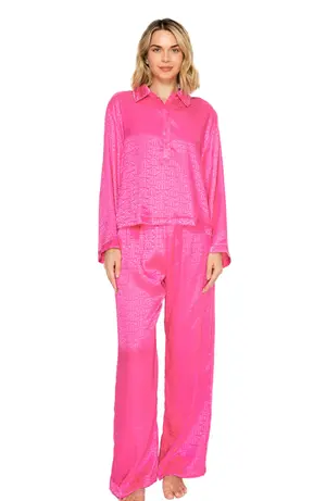 Badgley Mischka Silky Jacquard Satin Long Sleeve & Wide Leg Pajama Set - Raspberry