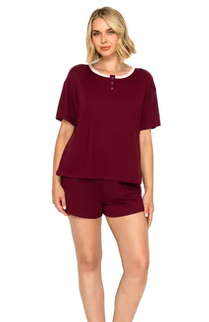 Badgley Mischka Yummy Henley Top & Short Pj Set Ruby