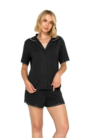 Badgley Mischka Notched Collared Shorts 2pc Pajama Set - Black