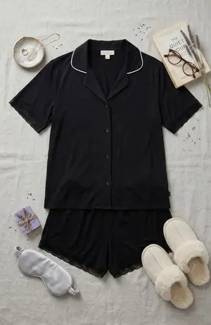 Badgley Mischka Notched Collared Shorts 2pc Pajama Set - Black
