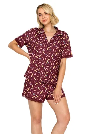 Badgley Mischka Notched Collared Shorts 2pc Pajama Set Maroon