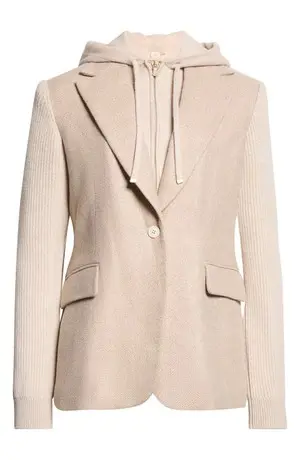 ELEVENTY Mixed Media Wool & Silk Jacket With Hooded Bib Inset