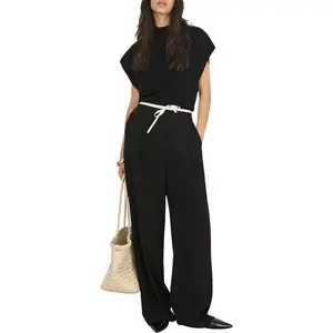 Mint Velvet Contrast Waist Wide Leg Trousers - Black