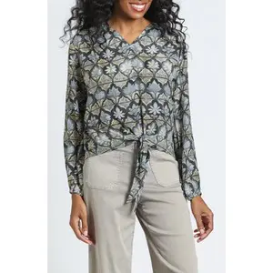 APNY Tie Front V-neck Top - Sage/peweter Multi