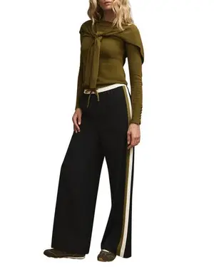 Mint Velvet Side Stripe Tie Waist Wide Trousers - Black