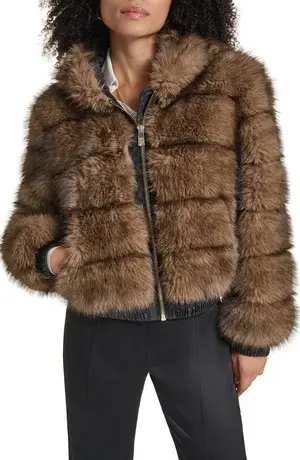 Karl Lagerfeld Paris Hooded Grooved Faux Fur Jacket - Brown Multi
