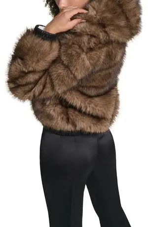 Karl Lagerfeld Paris Hooded Grooved Faux Fur Jacket