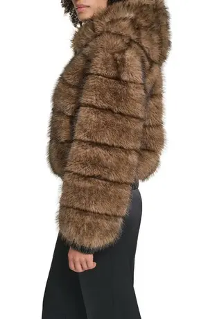 Karl Lagerfeld Paris Hooded Grooved Faux Fur Jacket