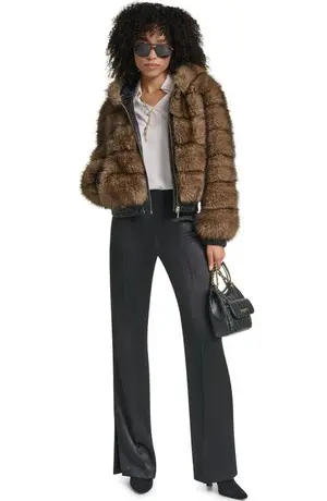 Karl Lagerfeld Paris Hooded Grooved Faux Fur Jacket