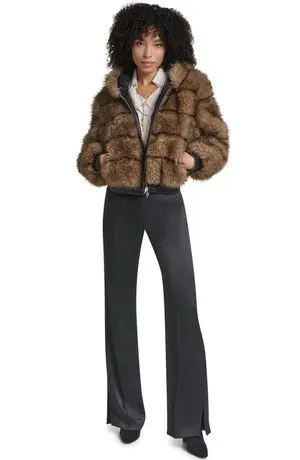 Karl Lagerfeld Paris Hooded Grooved Faux Fur Jacket