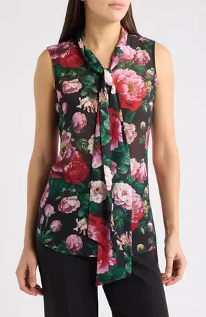 TAHARI ASL Floral Tie Neck Chiffon Top - Black Mult