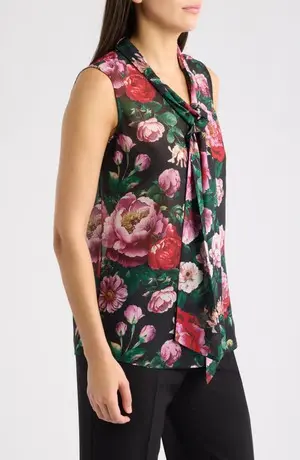 TAHARI ASL Floral Tie Neck Chiffon Top