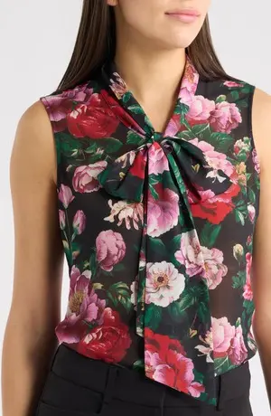TAHARI ASL Floral Tie Neck Chiffon Top