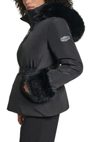 Karl Lagerfeld Paris Faux Fur Trim Hooded Puffer Jacket