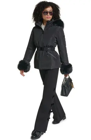 Karl Lagerfeld Paris Faux Fur Trim Hooded Puffer Jacket