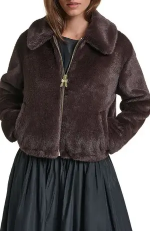 Karl Lagerfeld Paris Bow Puller Faux Fur Jacket - Java