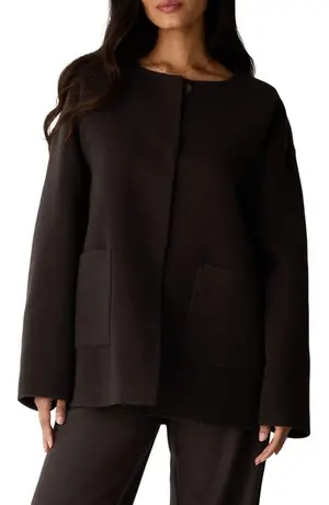 Eileen Fisher Round Neck Wool Short Coat - Coffee