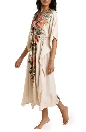La Blanca Courtyard Palms Tie Waist Kimono Cover-up - Champagne