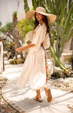 La Blanca Courtyard Palms Tie Waist Kimono Cover-up - Champagne