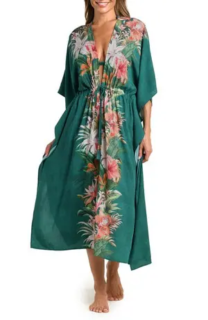 La Blanca Courtyard Palms Tie Waist Kimono Cover-up - Jungle