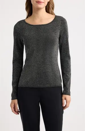 TAHARI ASL Metallic Boat Neck Sweater - Black