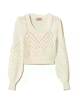 TWINSET Cropped Wool-blend Jumper With Chevron Design - Neutrals