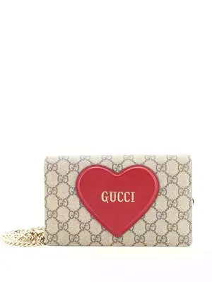 Gucci Logo Heart Chain Wallet Gg Coated Canvas Crossbody Bag - Brown