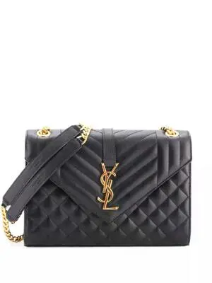 Saint Laurent Classic Monogram Envelope Satchel Mixed Matelasse Leather Medium Shoulder Bag - Black