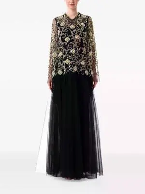 DINA MELWANI Floral-embellished Layered Maxi Dress - Black
